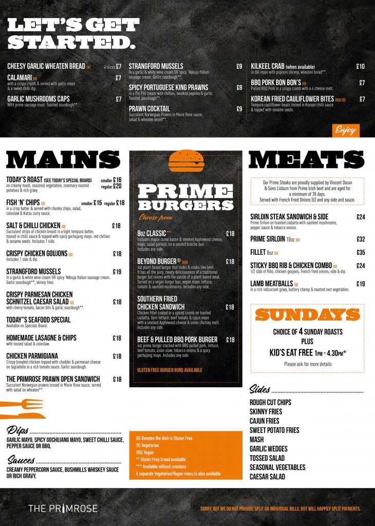 The Primrose | Menus - The Primrose