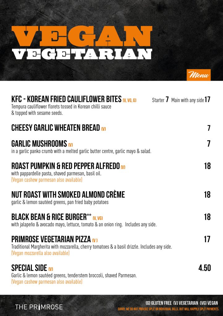 The Primrose | Menus - The Primrose