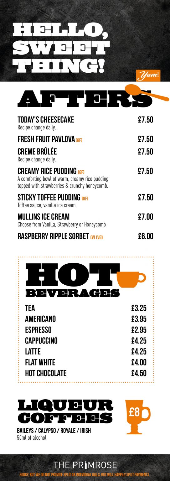 The Primrose | Menus - The Primrose